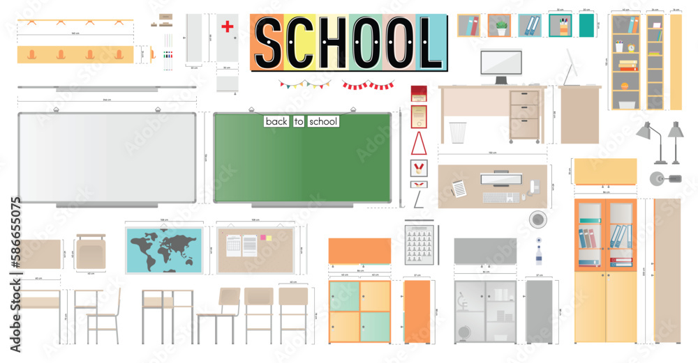 School Classroom Vector Set with Top, Front, Side Views and Elevations ...
