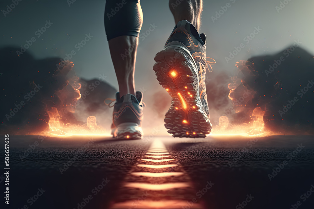 Strat now, Runner foot at the start line ready for a running race, For ...