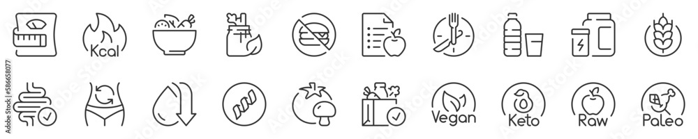 Line icons about Diets and nutrition. Thin line icon set. Symbol ...