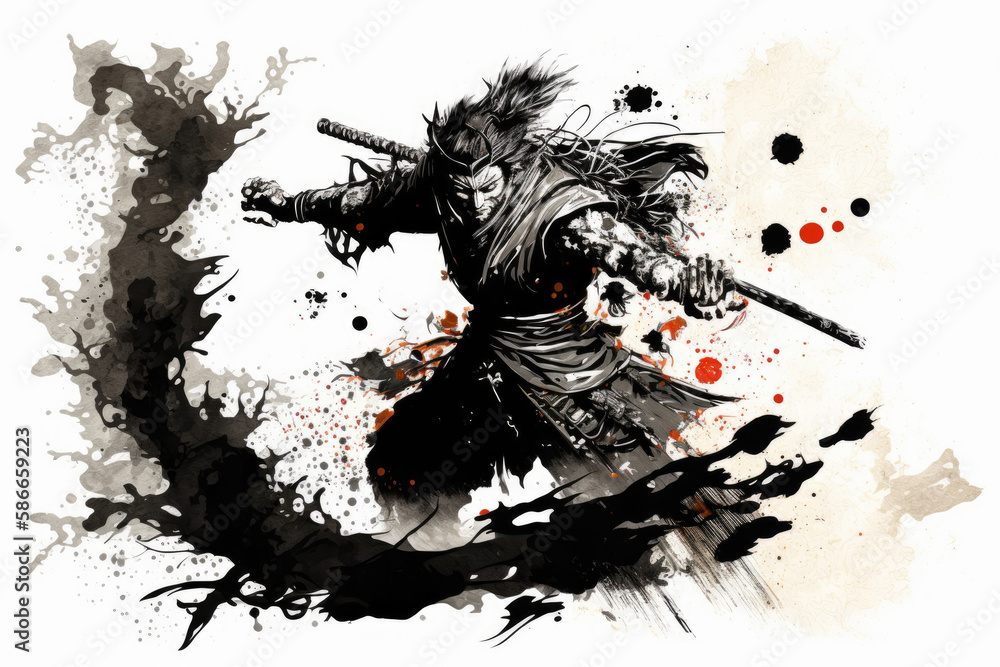 Sumi-e samurai equipped with a sword, Generative AI Stock Illustration ...