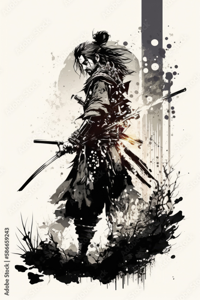 Sumi-e samurai equipped with a sword, Generative AI Stock Illustration ...