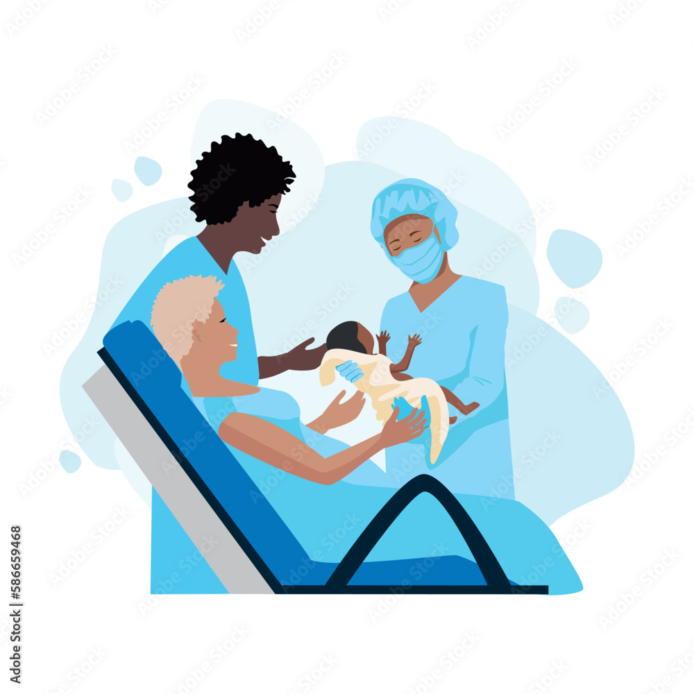 A pregnant woman gives birth to a baby in a maternity hospital. Partner ...