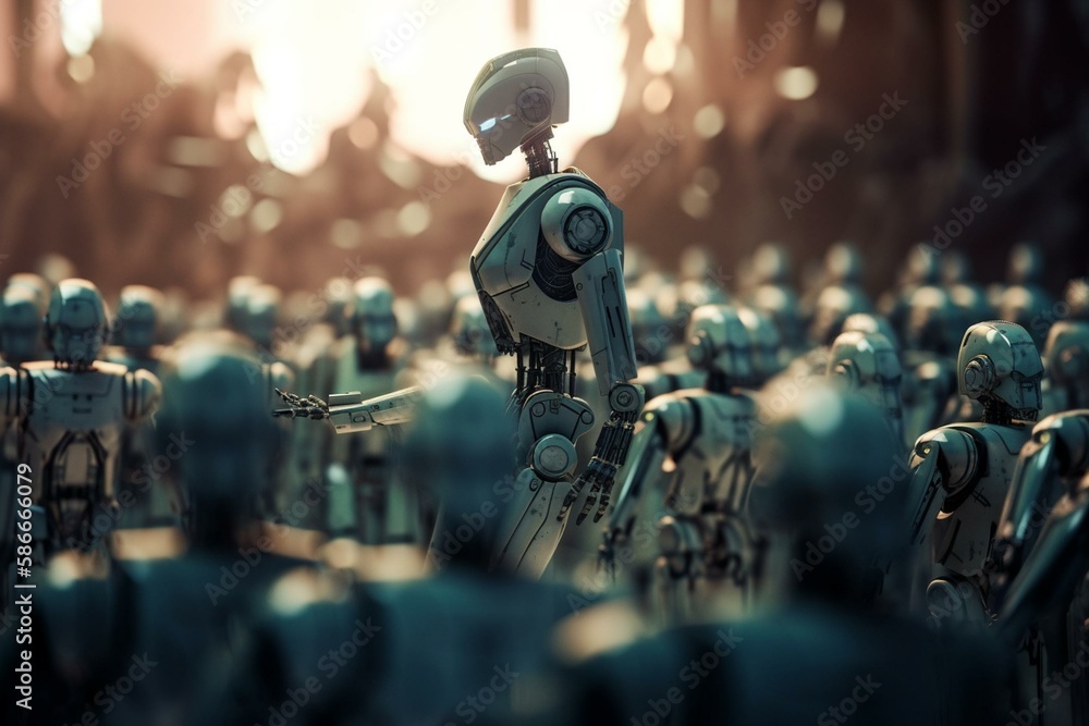 A robot in front of a crowd of robots. The robotic army of the future concept. Rise of the ...