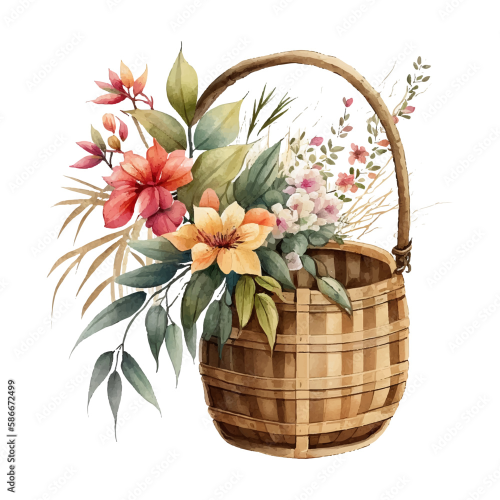 Watercolor Flowers Clipart vector, Easter Basket Png, Spring Floral ...