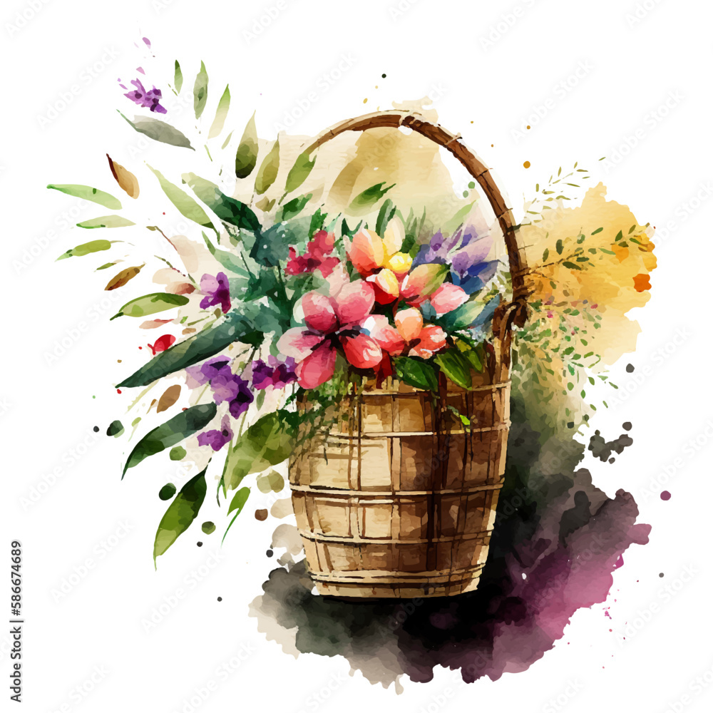 Watercolor Flowers Clipart vector, Easter Basket Png, Spring Floral ...