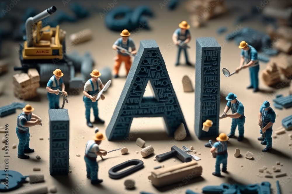 Miniature builders working in construction AI site. Construction and ...
