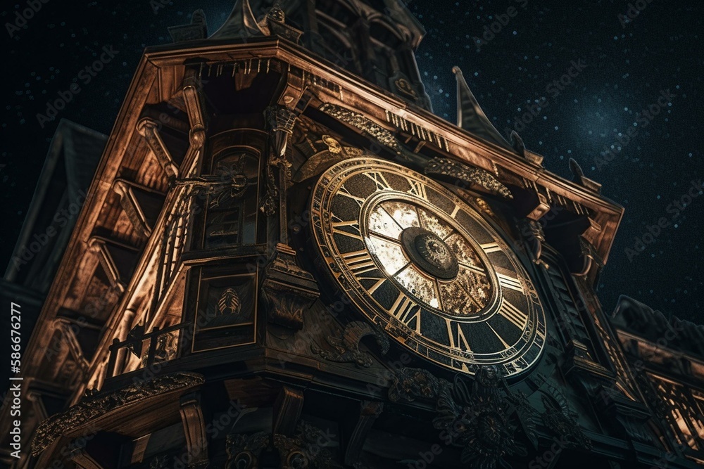 Mechanism of the old clock tower on the night sky background with stars ...