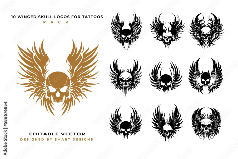 Winged Skull Logos for Tattos Pack x10 Stock Vector | Adobe Stock