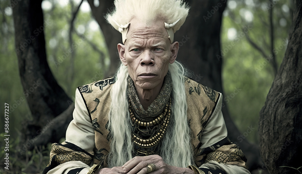 Striking portrait of an albino chief of an aboriginal tribe with ...