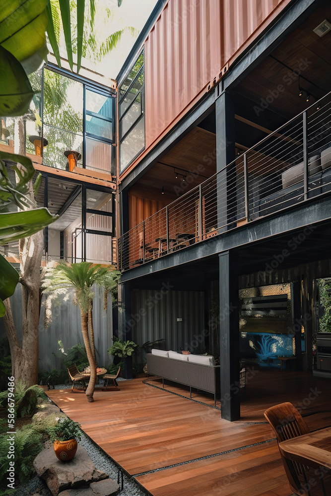 House made of containers with tropical plants decorating the place ...