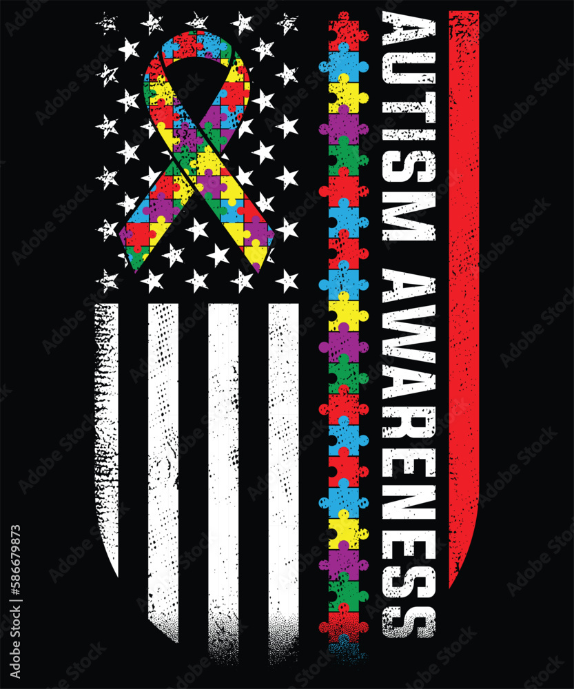 Autism Awareness American Flag T-Shirt design. Autism Awareness Day T ...