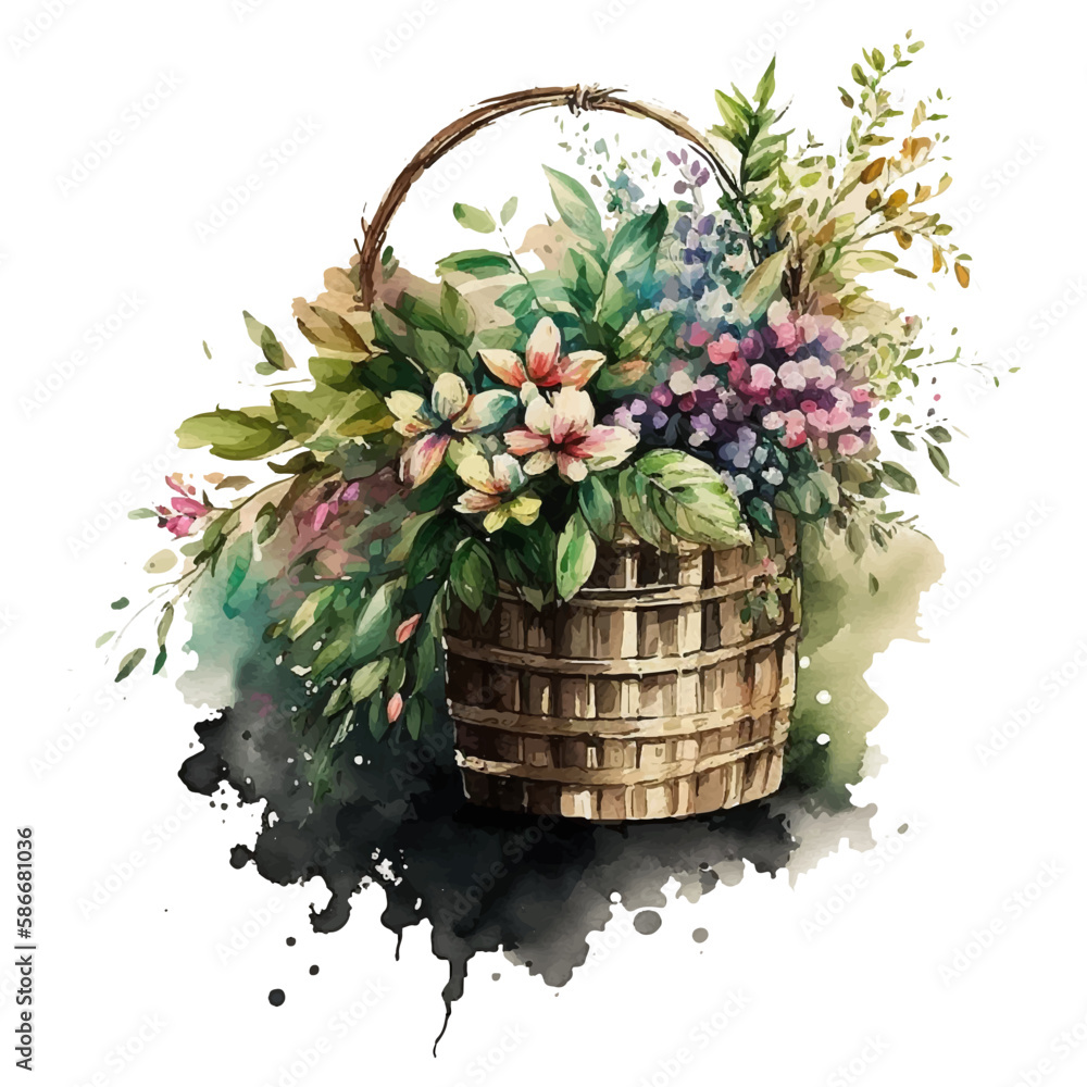 Watercolor Flowers Clipart vector, Easter Basket Png, Spring Floral ...