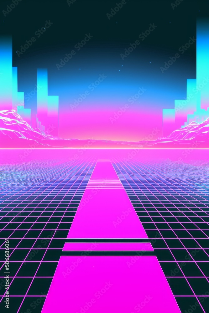 Vaporwave wallpaper with grid, abstract design, and 1980s computer ...