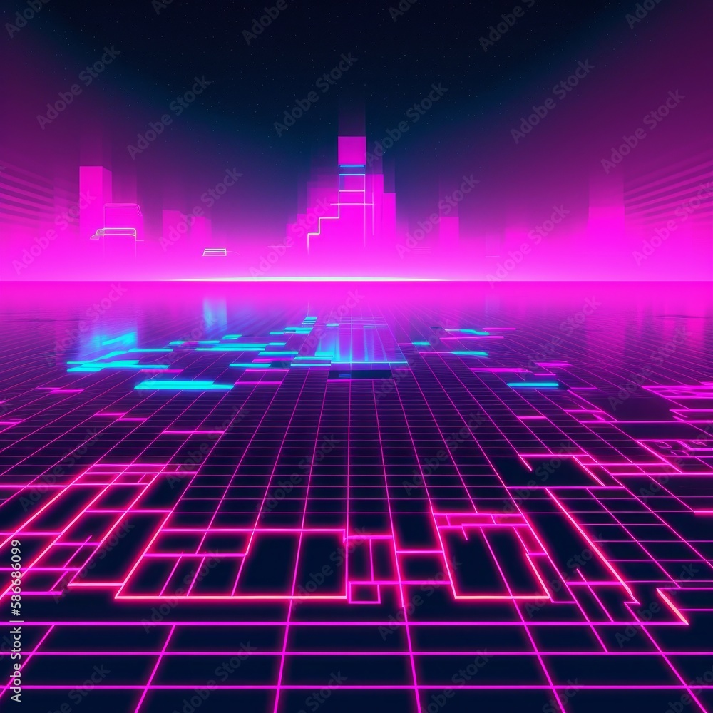 Vaporwave wallpaper with grid, abstract design, and 1980s computer ...