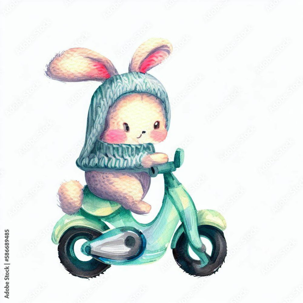 watercolor sketch illustration of adorable knitted rabbit on a bicycle ...