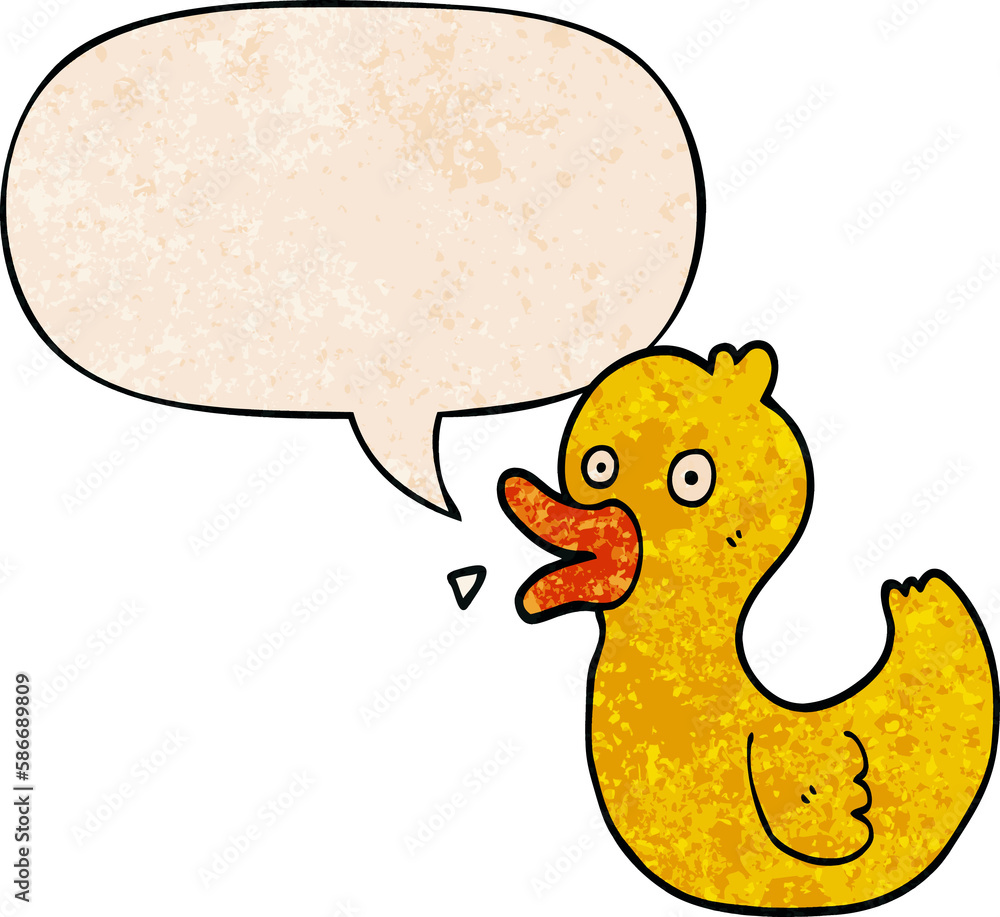 cartoon quacking duck and speech bubble in retro texture style Stock ...