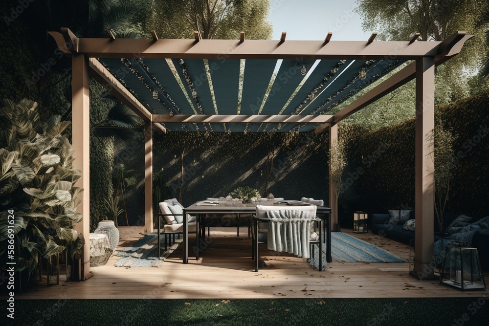 Modern patio furniture includes a pergola shade structure, an awning, a ...