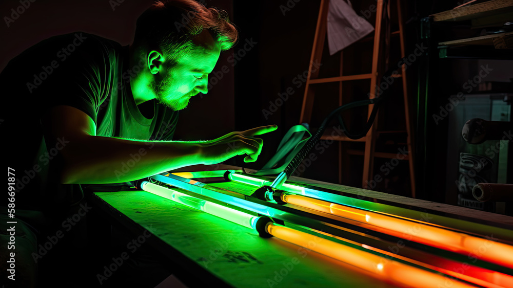 A neon sign maker working on neon tubes poster with copy space ...