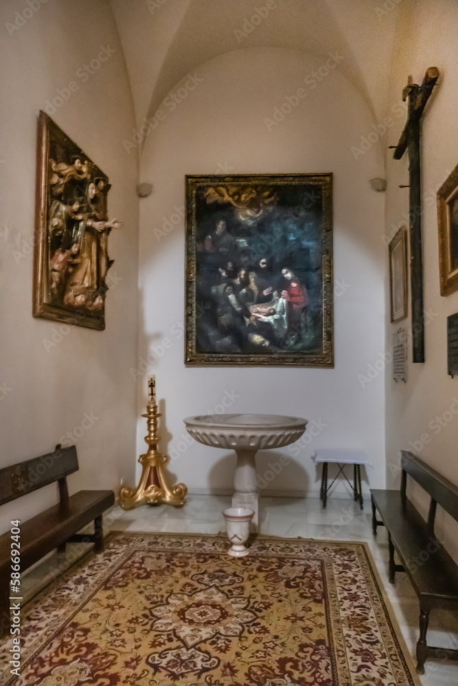 Interior of Catholic parish Church of San Bartolome (Iglesia de San Bartolome). Church of San ...