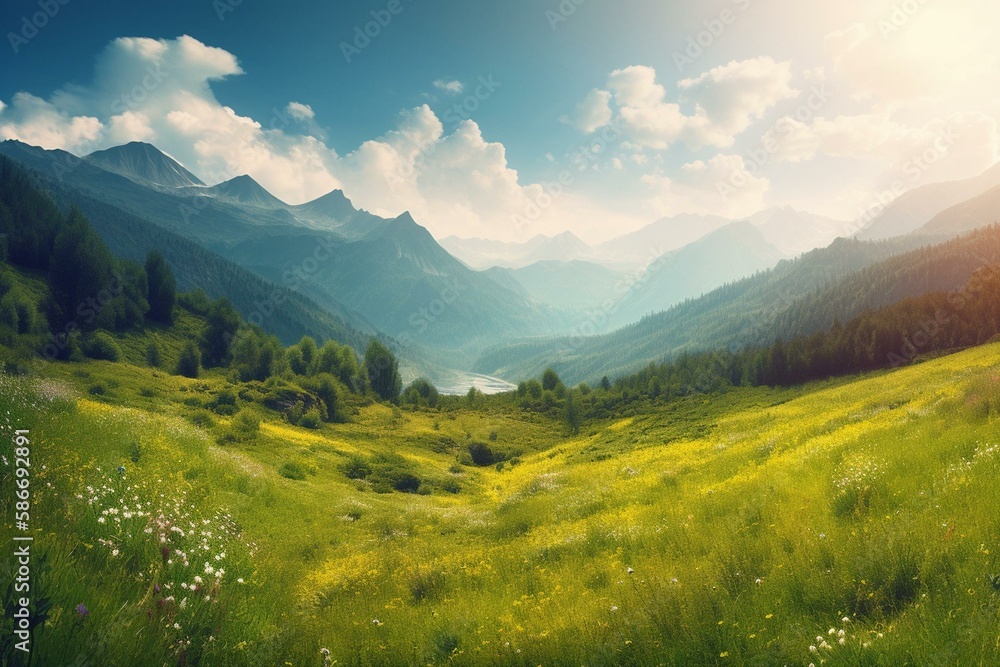 Idyllic mountain landscape with fresh green meadows and blooming ...