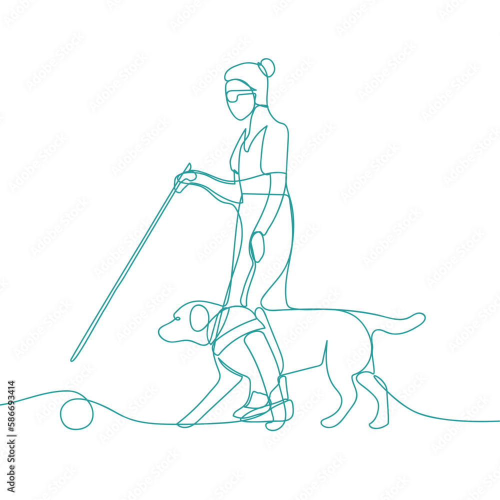 Continuous line drawing of blind person with a guide dog. Pet care and ...