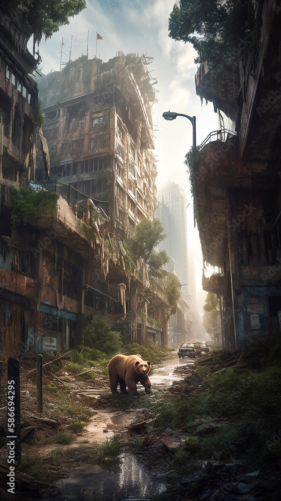 Post apocalyptic scenario with nature and animals that have repossessed ...
