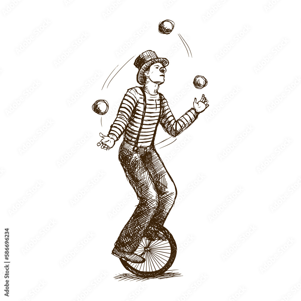 Juggler man on retro old unicycle sketch PNG illustration with ...