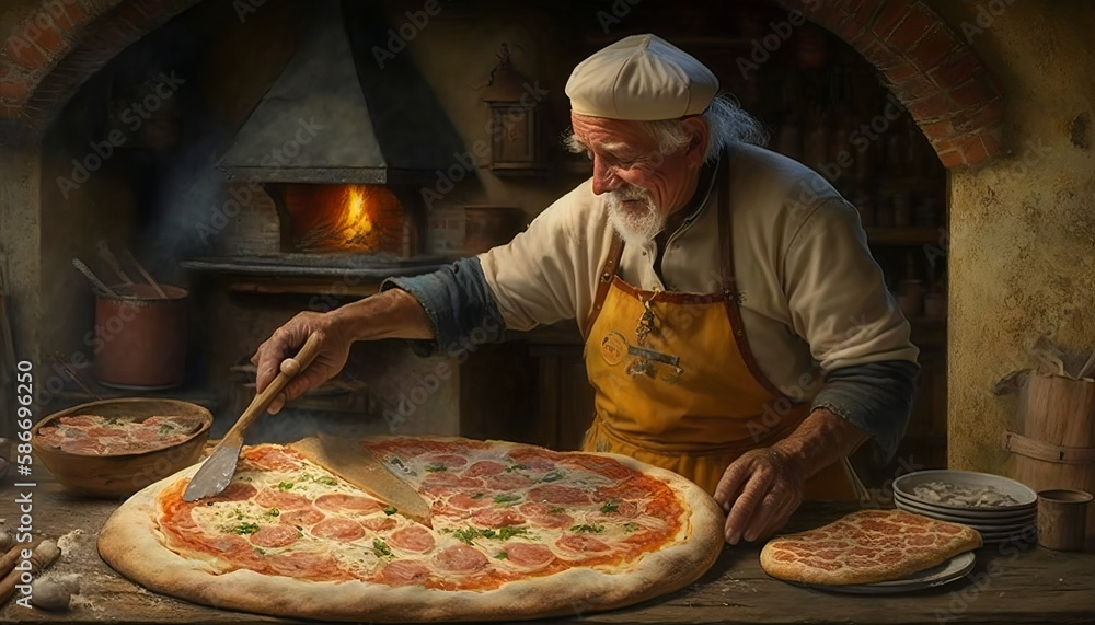 Man doing pizza. Illustration of a pizza made in the oven. Ai generaves ...