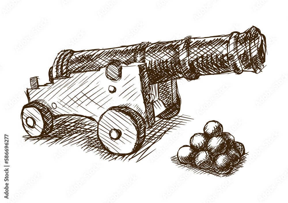 Old cannon hand drawn sketch PNG illustration with transparent ...