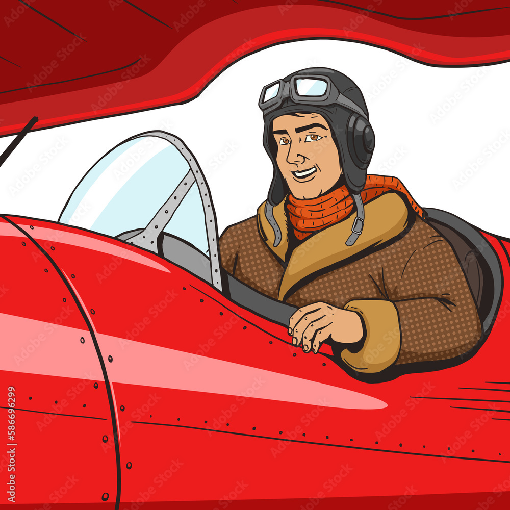 Retro pilot in vintage plane pop art style PNG illustration with ...