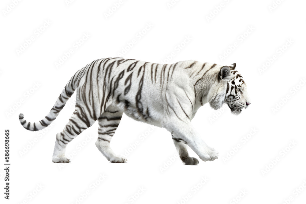 an isolated white tiger walking, prowling, side-view portrait, jungle ...