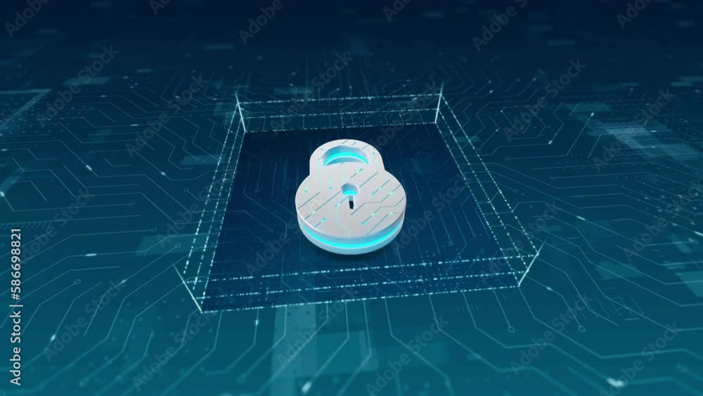 Motion graphic of 3D blue security Key logo and particles with circuit board and 3d abstract ...