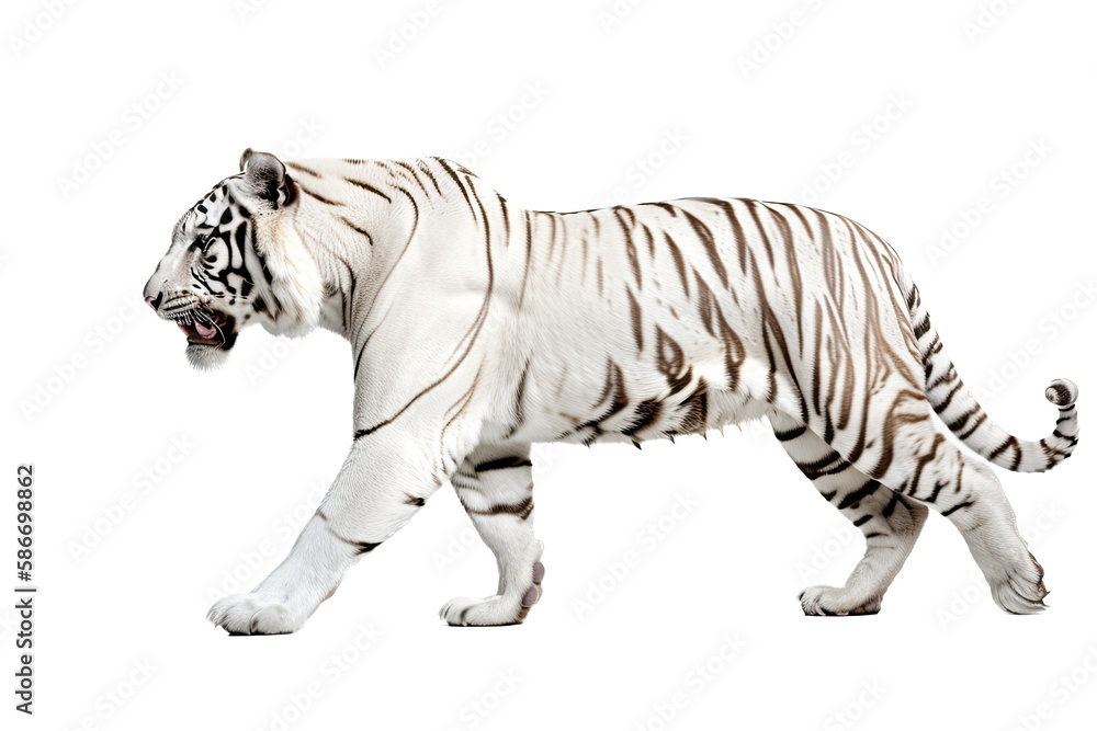 an isolated white tiger walking, prowling, side-view portrait, jungle ...