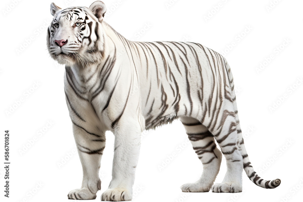 an isolated white tiger walking, side-view portrait, jungle-themed ...