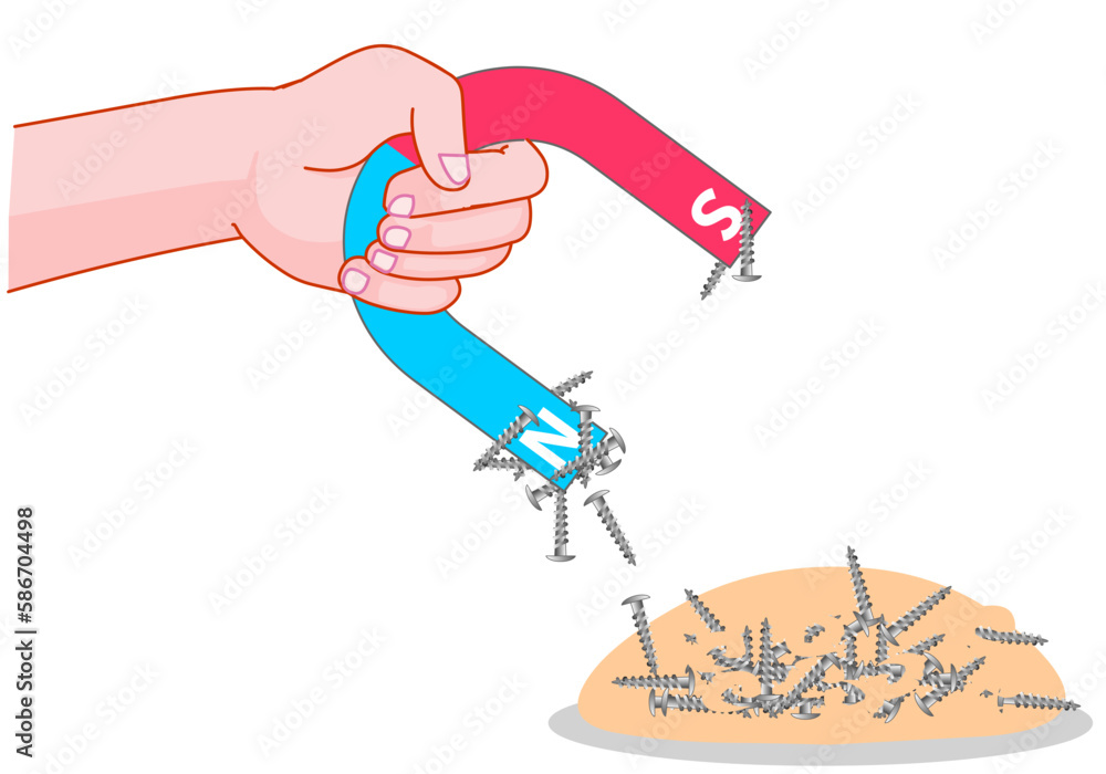 Magnet horseshoe. Hold choose, collect metal nails, screw. Separate ...