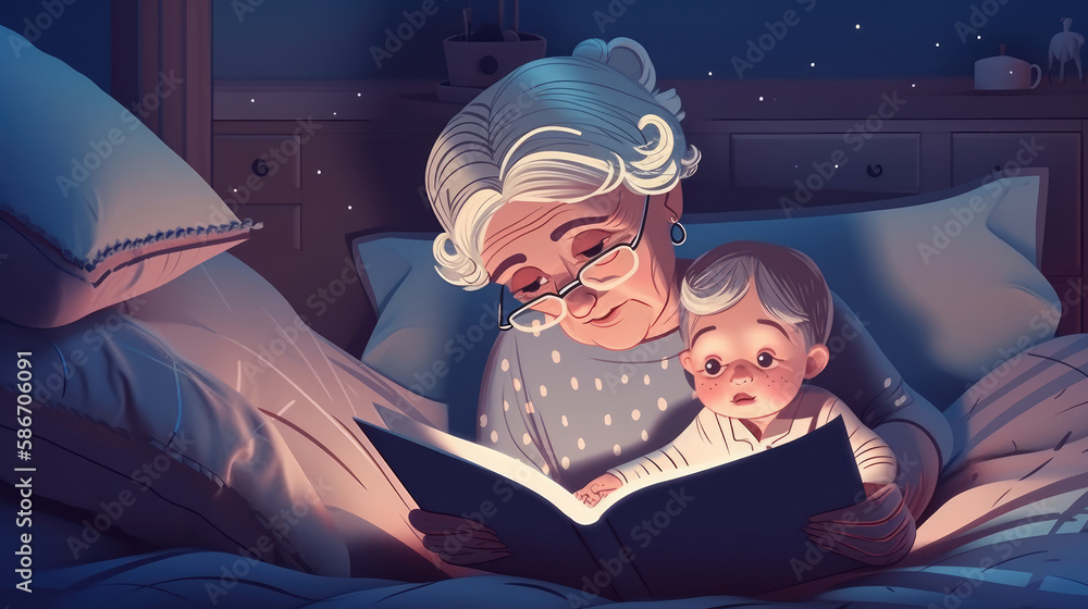 The grandmother reads a storybook to the child before bedtime in a cozy bedroom. AI Stock ...