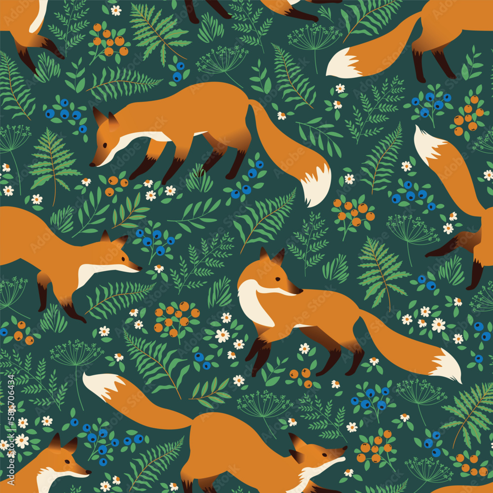 Forest Wildlife Seamless Pattern with Hand Drawn Foxes and forest ...