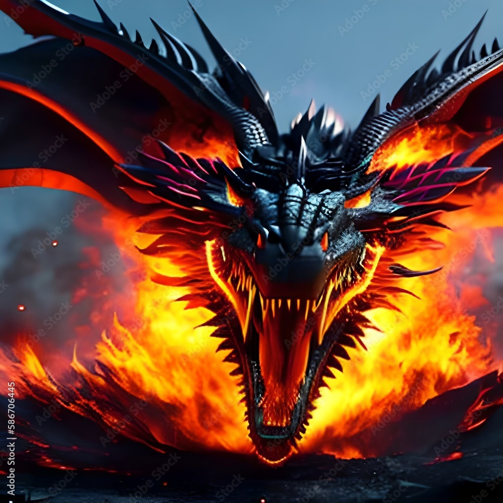 Fire breathes explode from a giant dragon in a black night, the epic ...