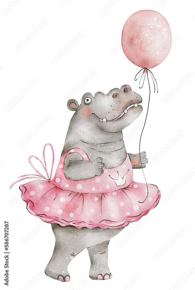 Children's clipart composition with cute watercolor hippo in tutu and ...