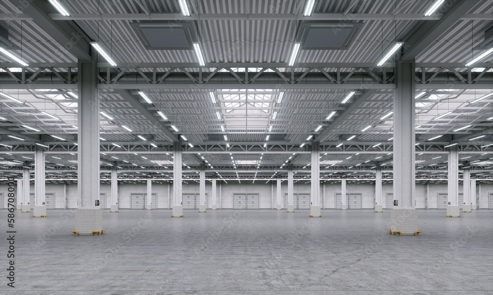 Big empty warehouse interior space. Empty industrial storage room with concrete floor and ...