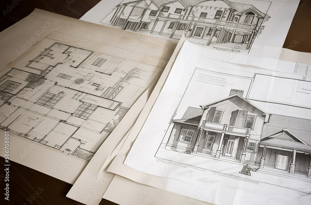 Generative AI illustration of Architectural plans, drawings, pencil ...