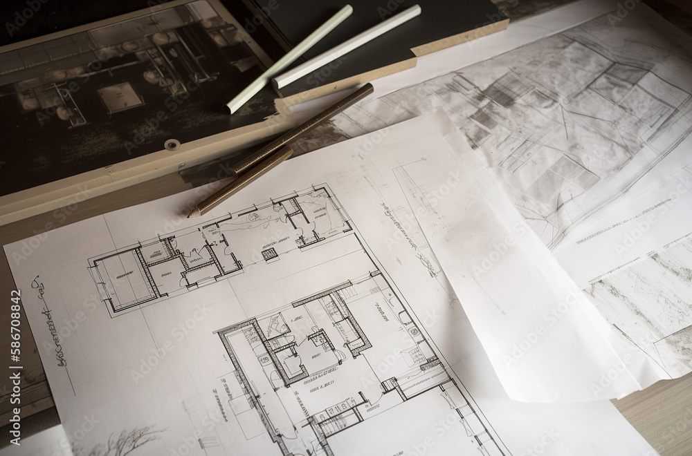 Generative AI illustration of Architectural plans, drawings, pencil ...