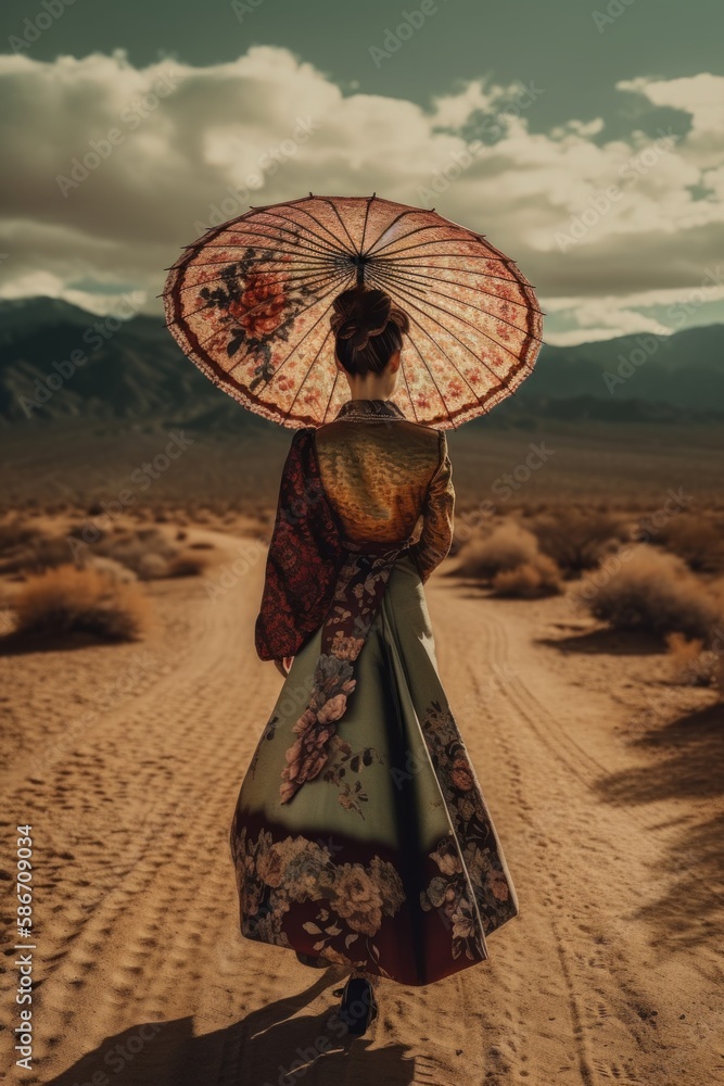 back view of geisha holding an cultural umbrella of japan generative AI ...