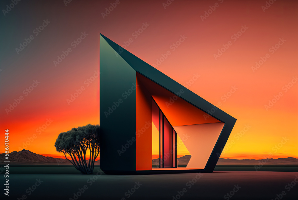 A minimalist style building with an angular and dramatic design. Bright ...