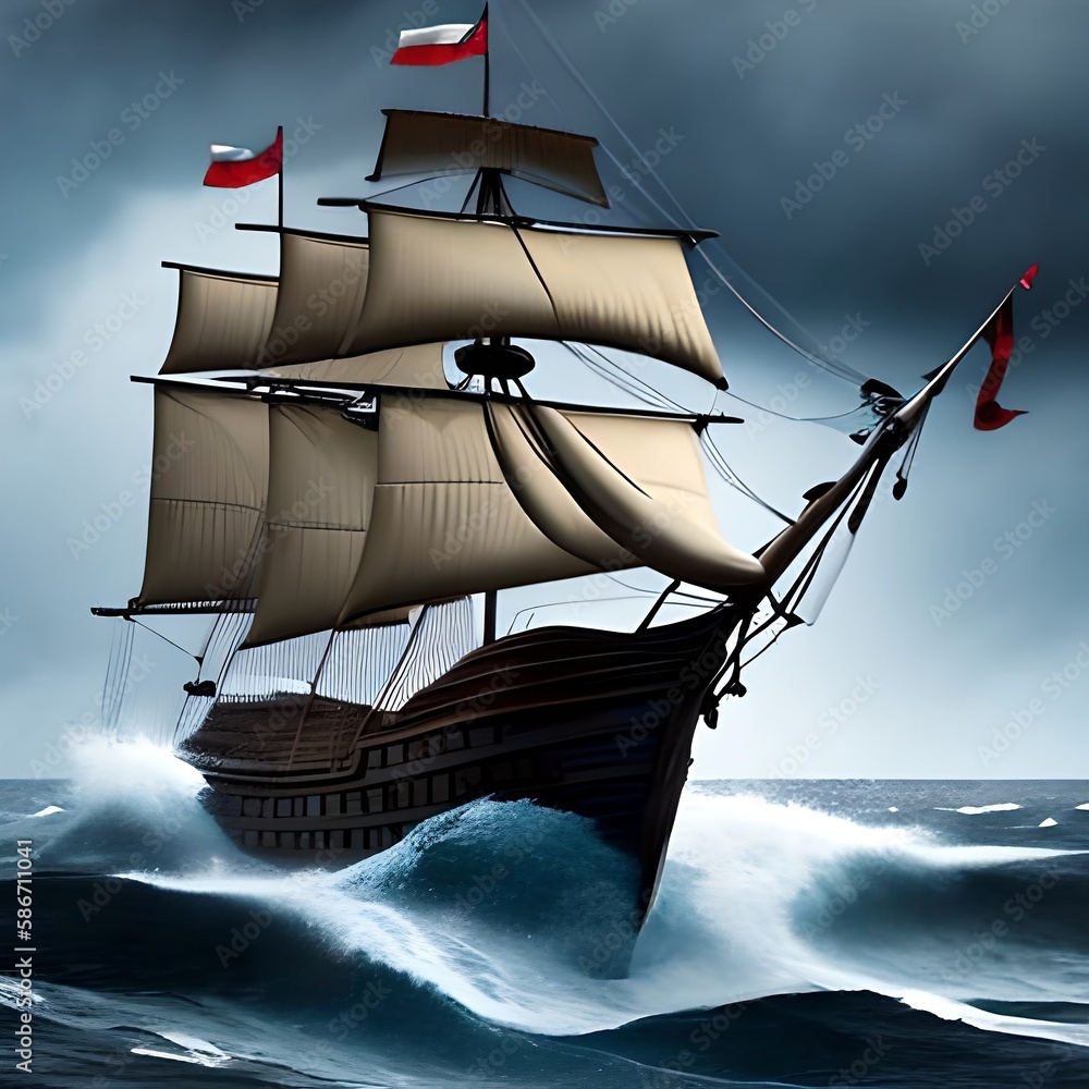 illustration painting Pirate ship navigating during a storm. Thunder ...