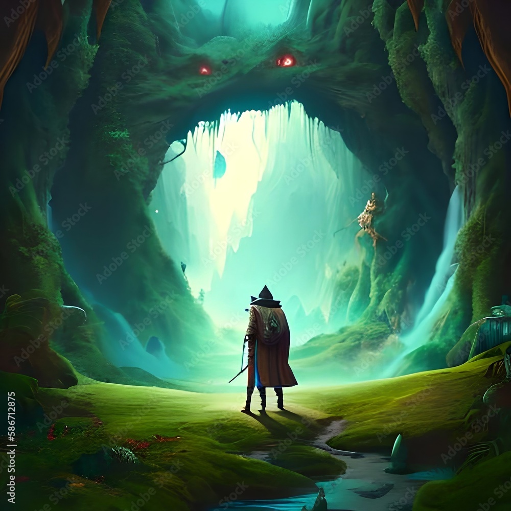 llustration painting of a man walks into a mysterious land with a ...