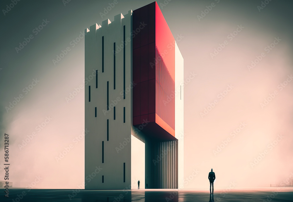 Man in silhouette in front of a modern, sleek building. A distant and ...