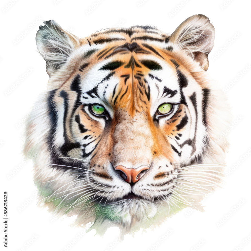 an isolated Bengal tiger front and side view, portrait, Full Face, a ...