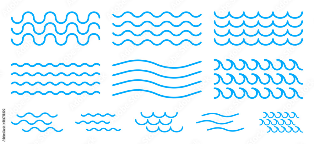 Sea water waves. Collection of linear waves of different style and size ...