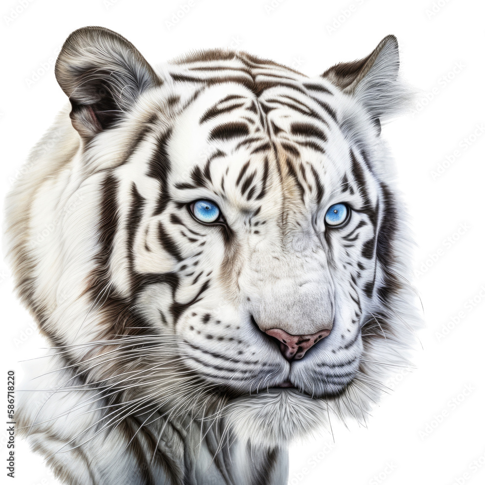 an isolated white tiger FACE, FRONT-view portrait, jungle-themed ...